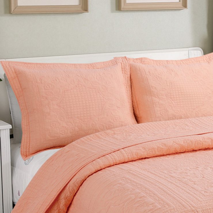 Peach Cotton Embroidery Bedspread Quilted In Cotton | AHL